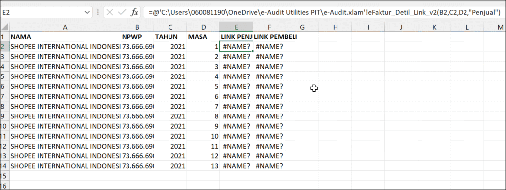 Error #NAME pada rumus e-Audit Utilities di workbook – e-Auditors ...